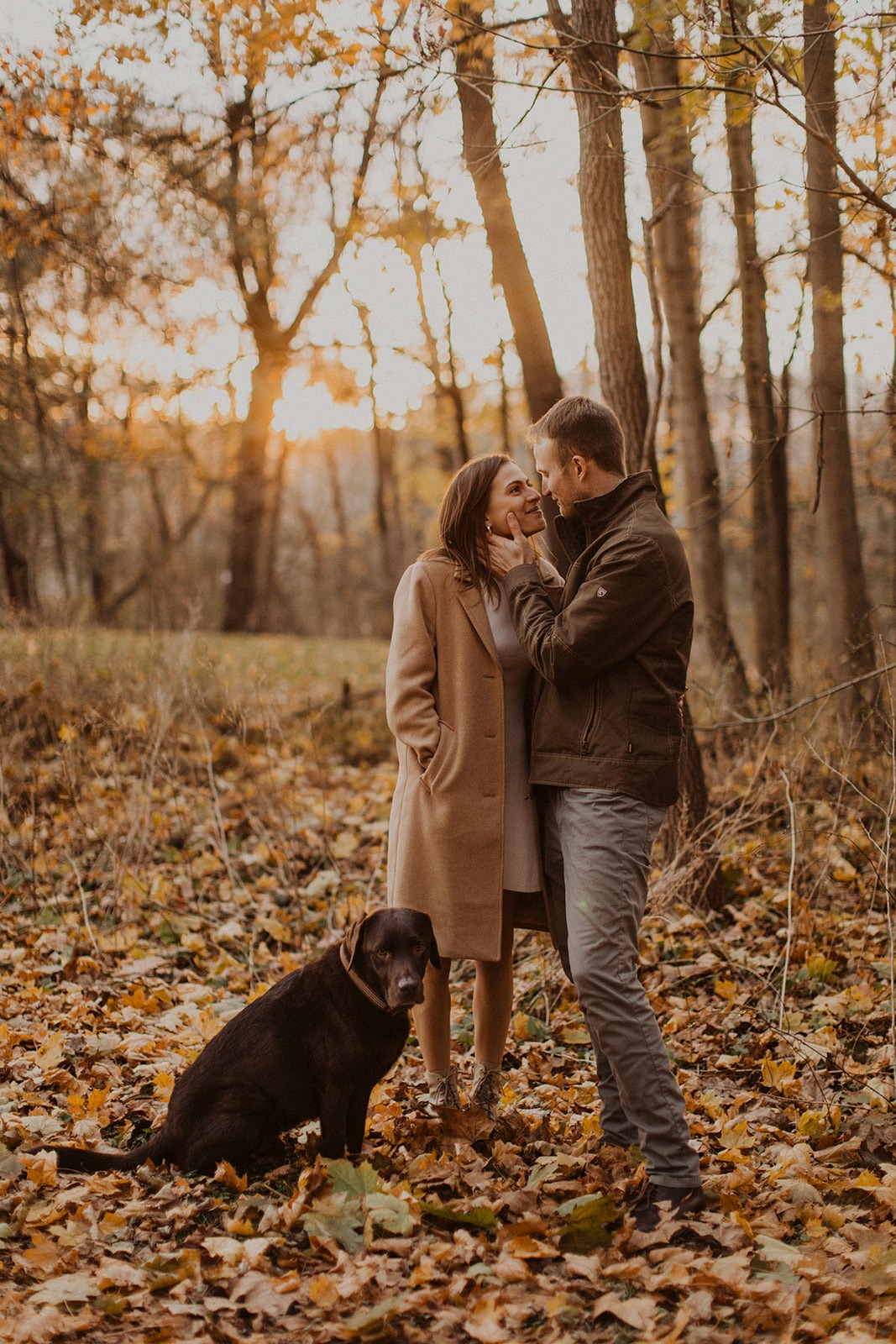 Pet Dog Joins Golden Hour Engagement Photos at Fall Forest Trail